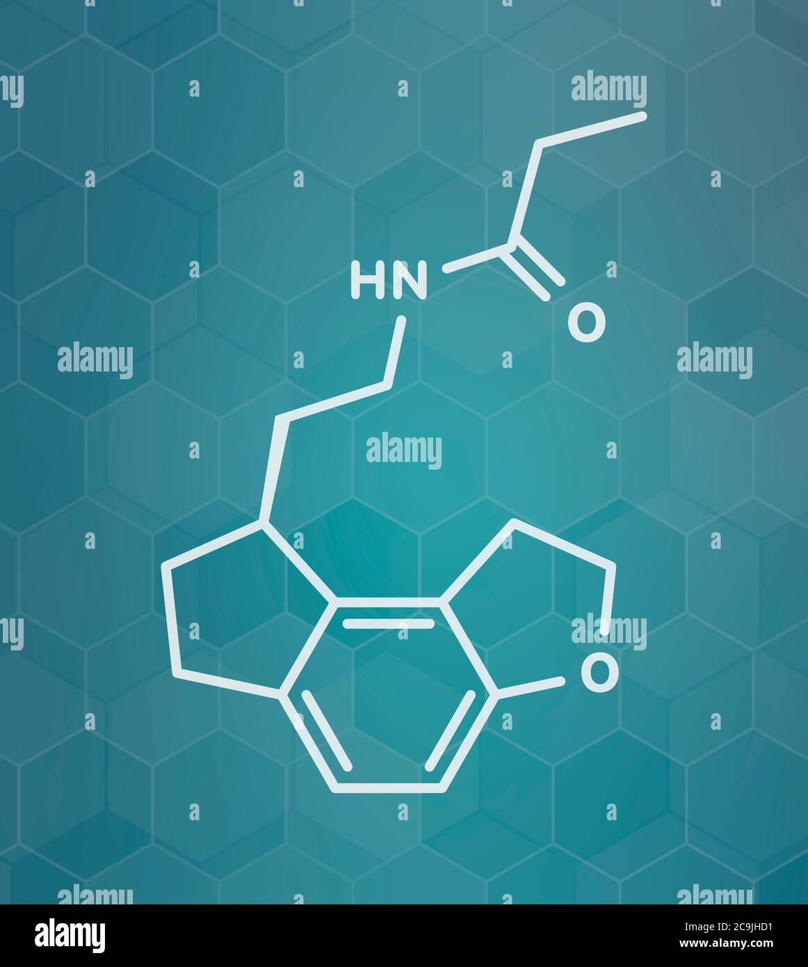 Ramelteon insomnia drug molecule. White skeletal formula on dark teal ...