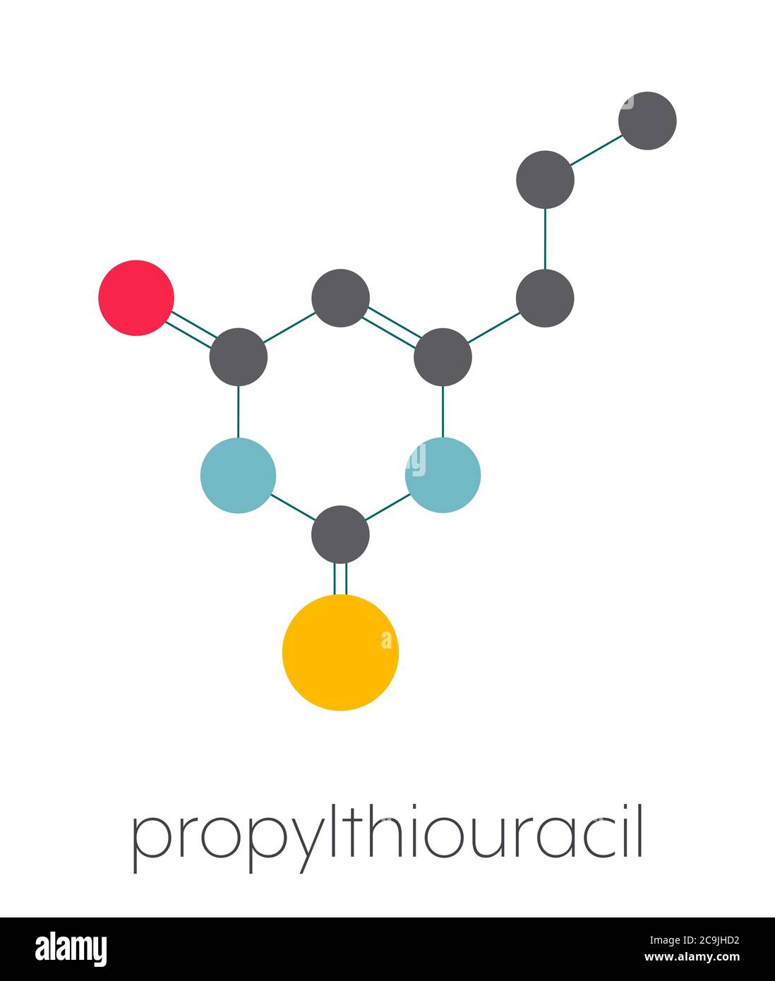 Propylthiouracil (PTU) hyperthyroidism drug molecule. Stylized skeletal ...