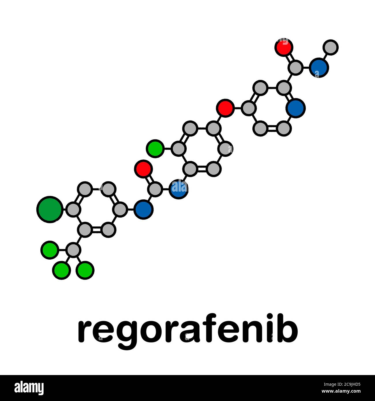 Regorafenib cancer drug molecule. Stylized skeletal formula (chemical ...