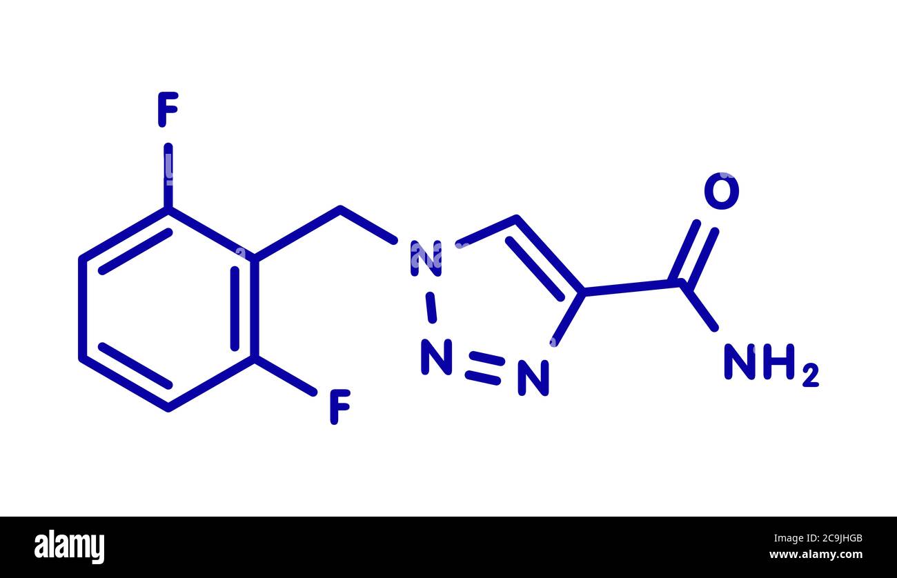 Rufinamide seizures drug molecule. Blue skeletal formula on white ...