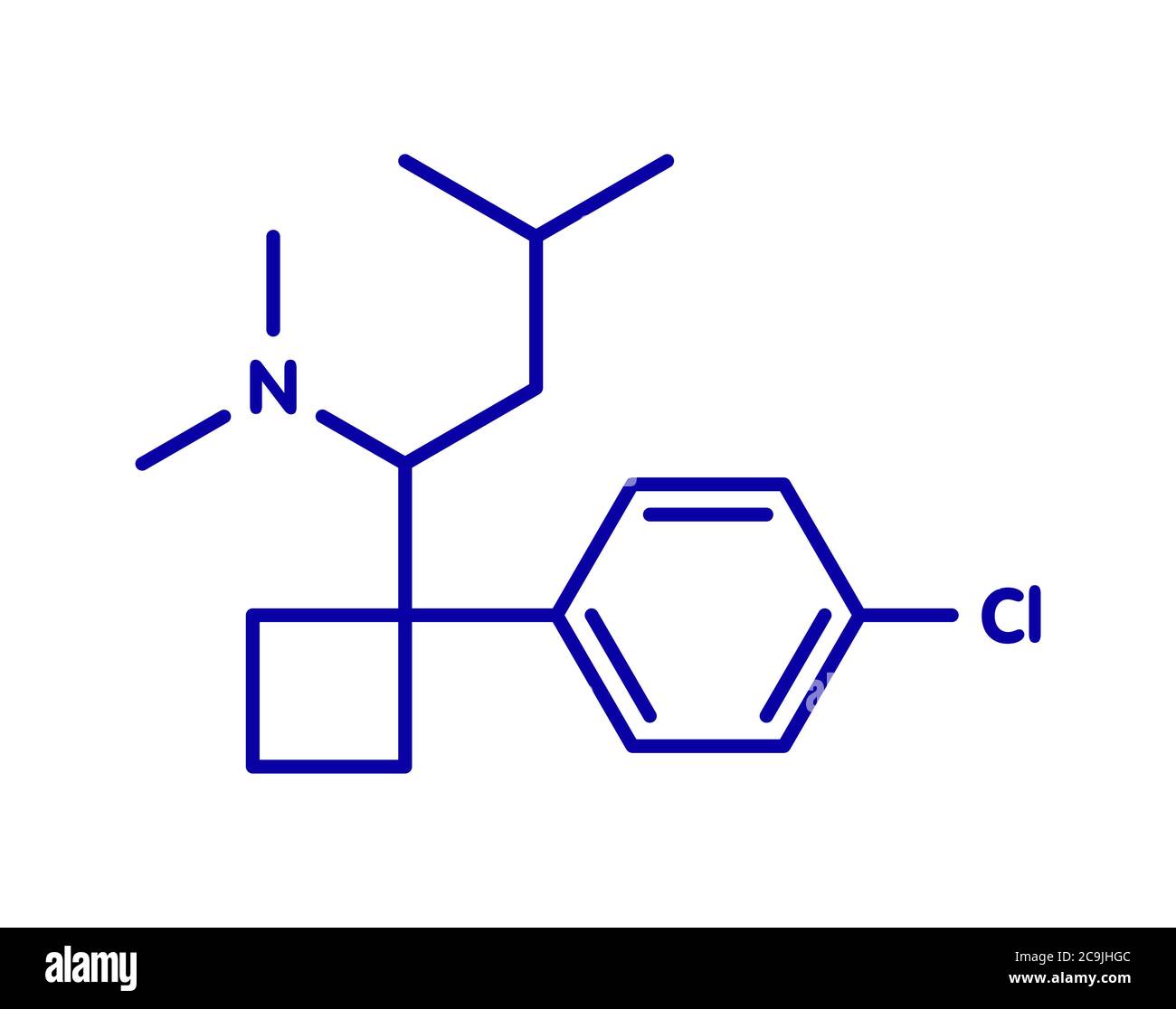 Sibutramine obesity drug molecule. Blue skeletal formula on white ...