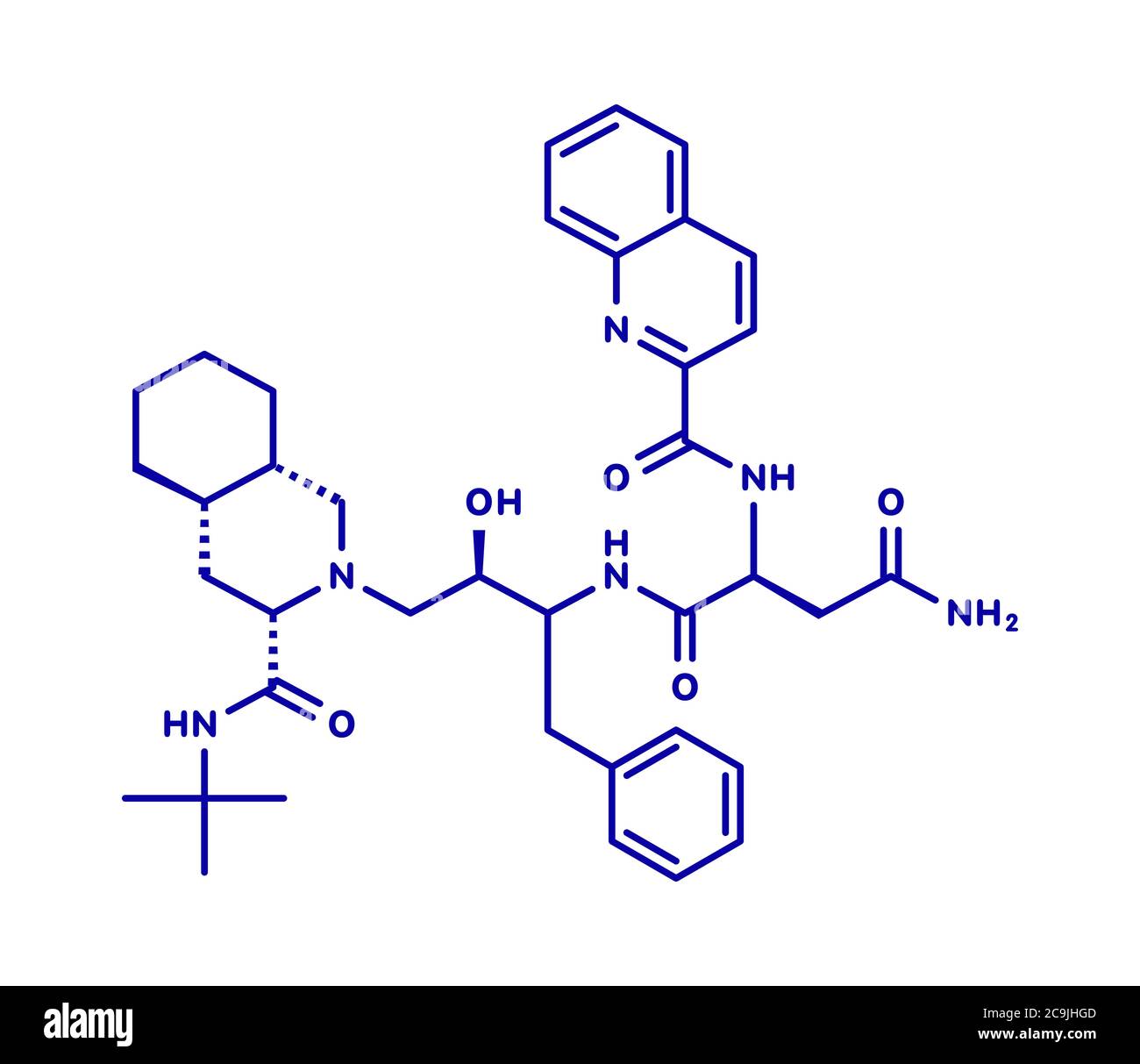 Saquinavir HIV drug molecule. Blue skeletal formula on white background ...