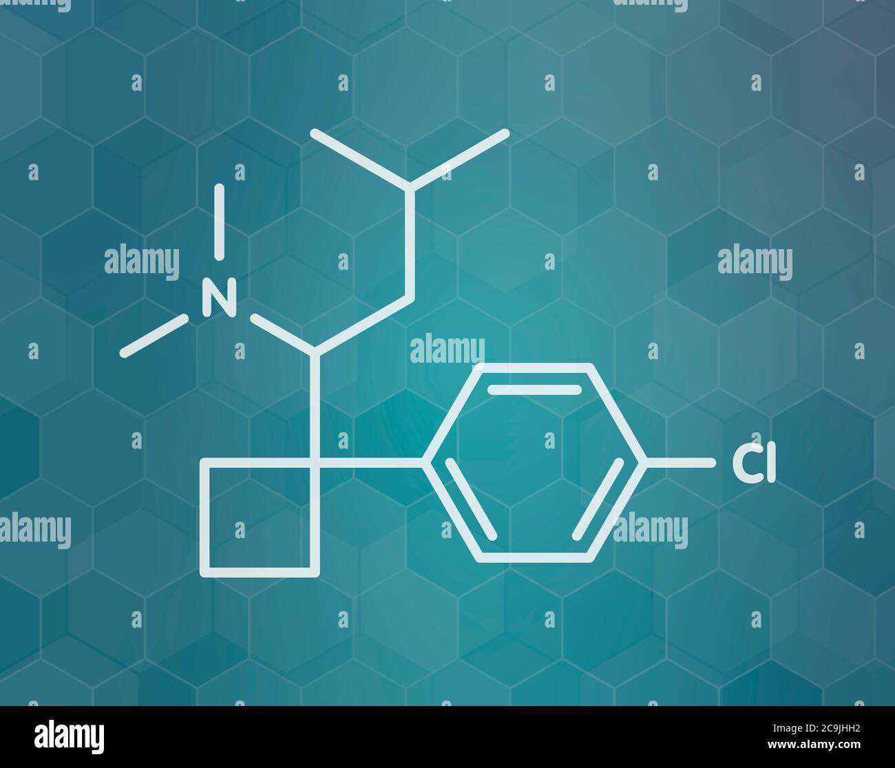 Sibutramine obesity drug molecule. White skeletal formula on dark teal ...