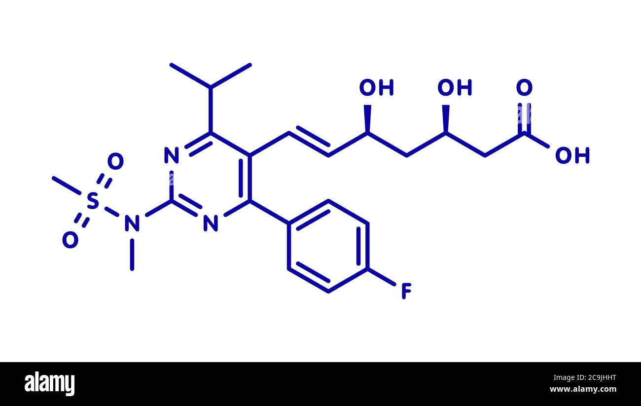 Rosuvastatin cholesterol lowering drug (statin class) molecule. Blue ...