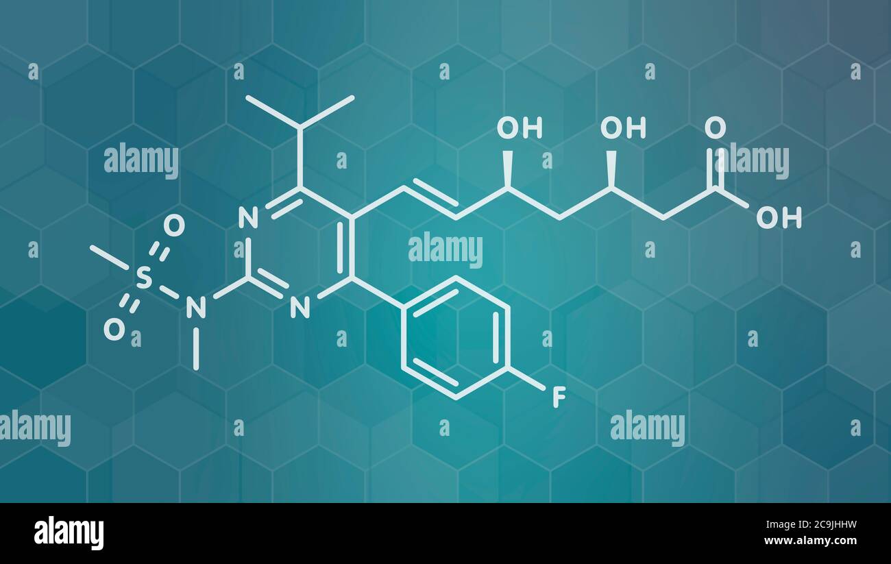 Rosuvastatin cholesterol lowering drug (statin class) molecule. White skeletal formula on dark ...