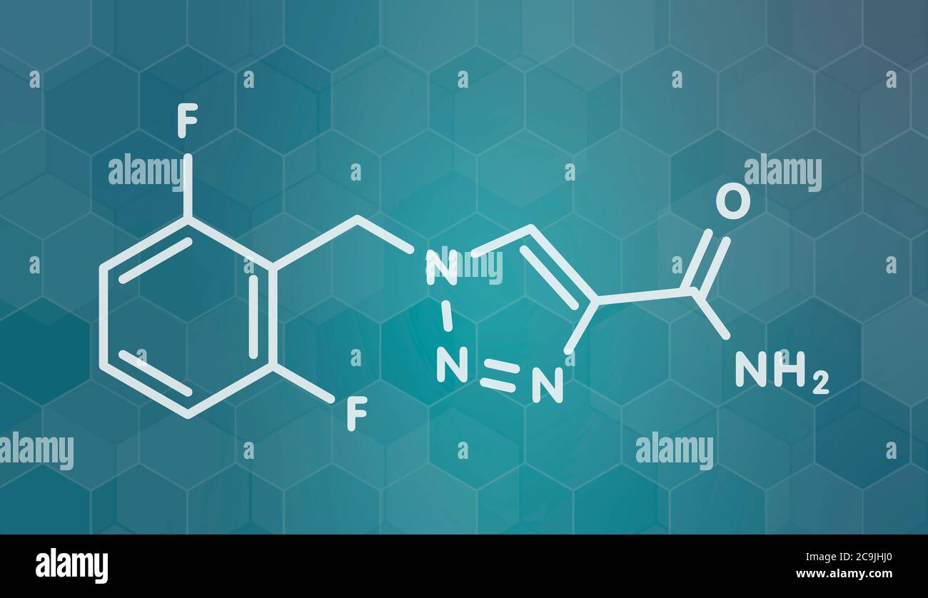 Rufinamide seizures drug molecule. White skeletal formula on dark teal ...