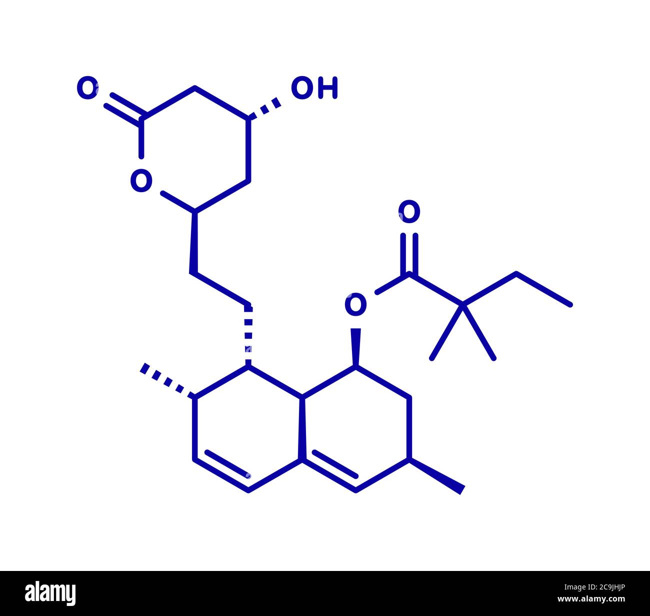 Simvastatin cholesterol lowering drug (statin class) molecule. Blue ...