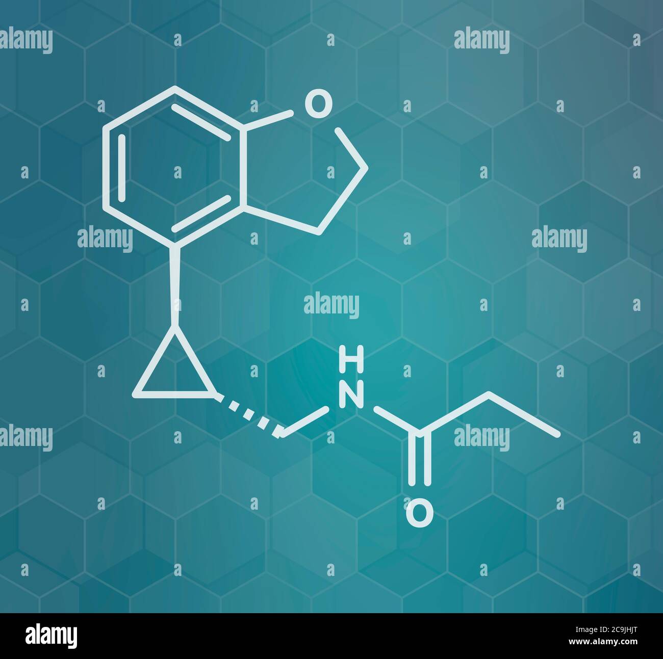 Tasimelteon sleep disorder drug molecule White skeletal formula on dark teal gradient background ...