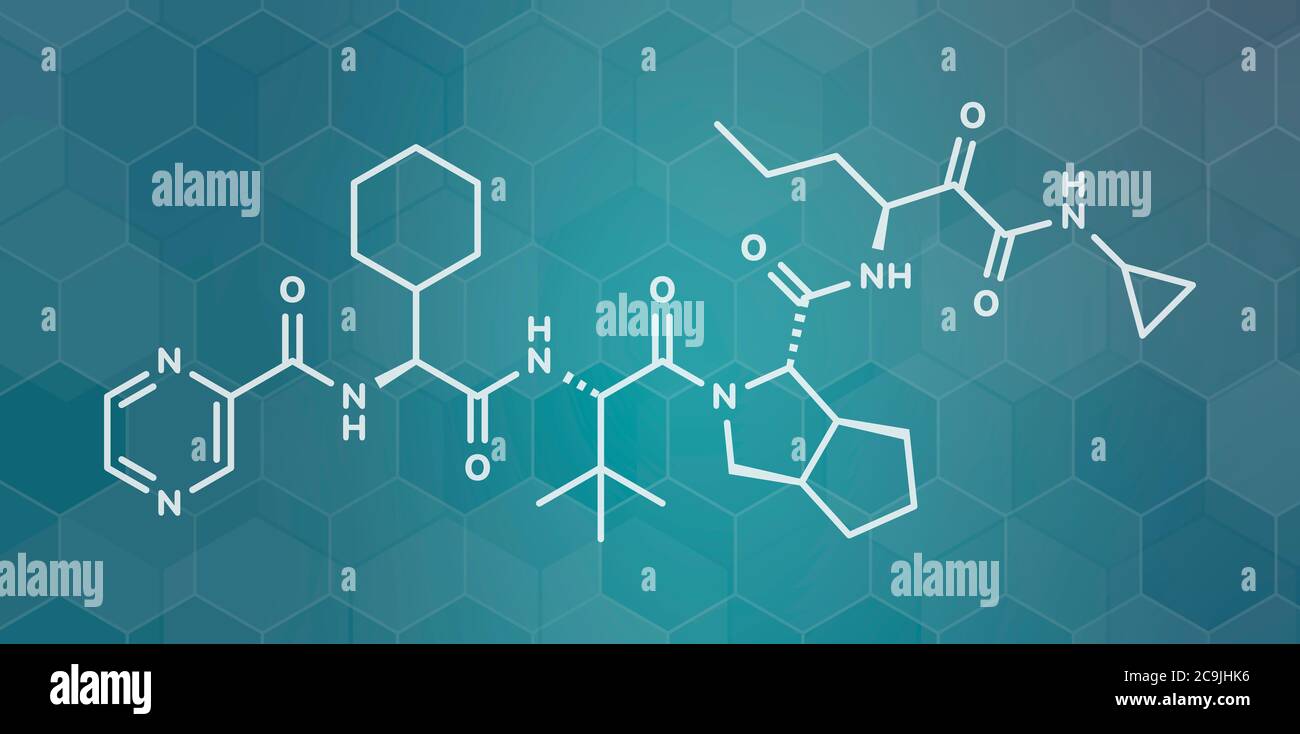 Telaprevir hepatitis C virus drug molecule. White skeletal formula on ...