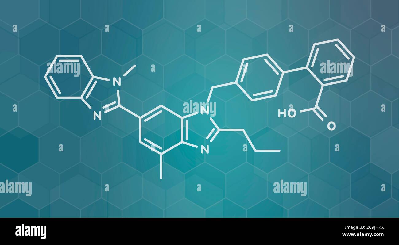 Telmisartan hypertension drug molecule. Used to treat high blood ...