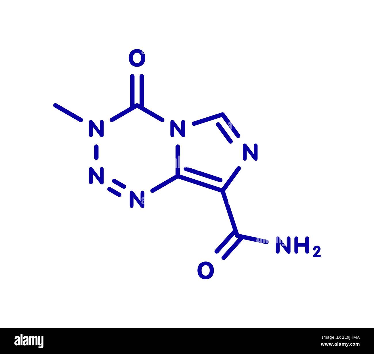 Temozolomide cancer chemotherapy drug molecule. Blue skeletal formula ...