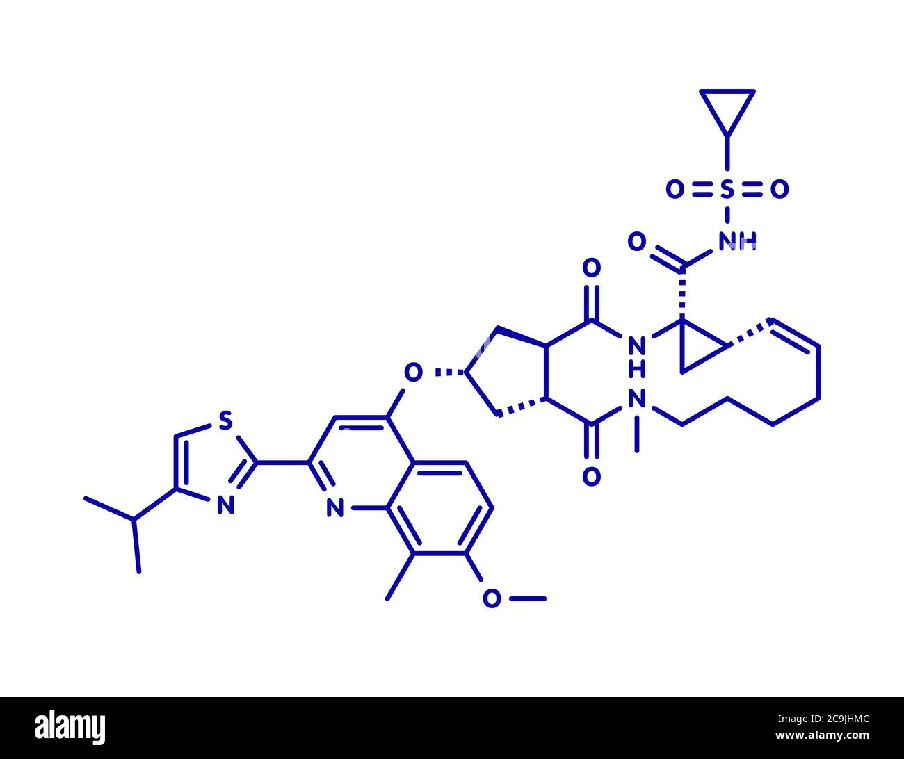 Simeprevir hepatitis C virus (HCV) drug molecule. Blue skeletal formula ...