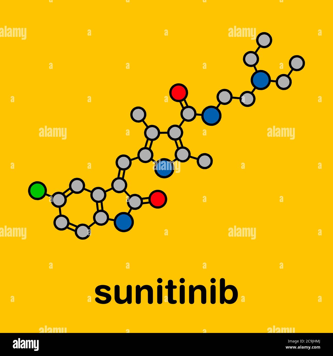 Sunitinib cancer drug molecule. Stylized skeletal formula (chemical ...