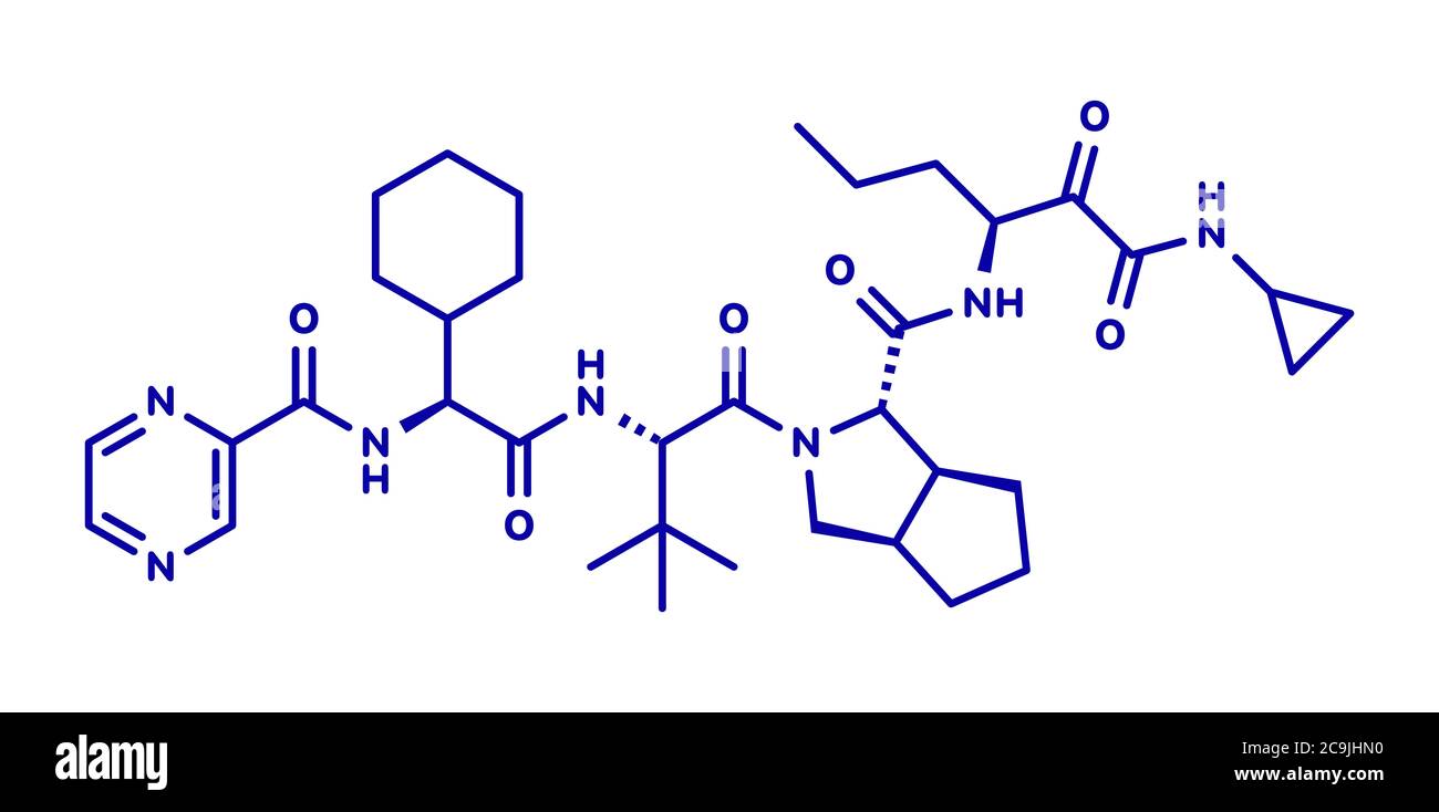 Telaprevir hepatitis C virus drug molecule. Blue skeletal formula on ...