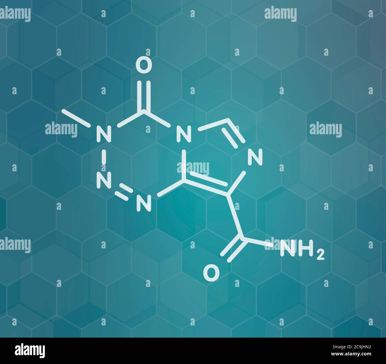 Temozolomide cancer chemotherapy drug molecule. White skeletal formula ...