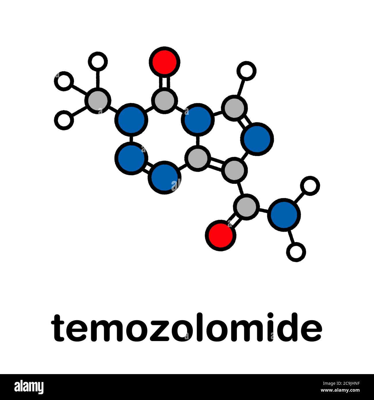 Temozolomide cancer chemotherapy drug molecule. Stylized skeletal ...