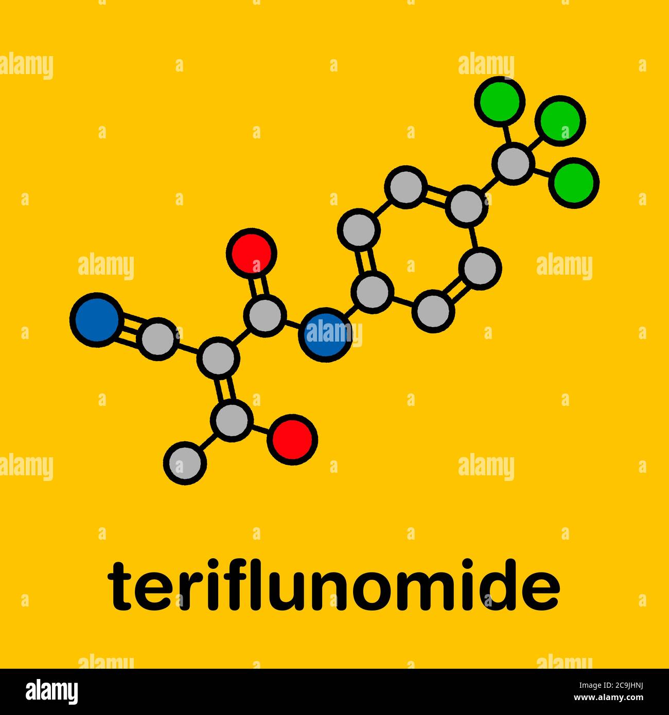 Teriflunomide multiple sclerosis (MS) drug molecule. Stylized skeletal ...