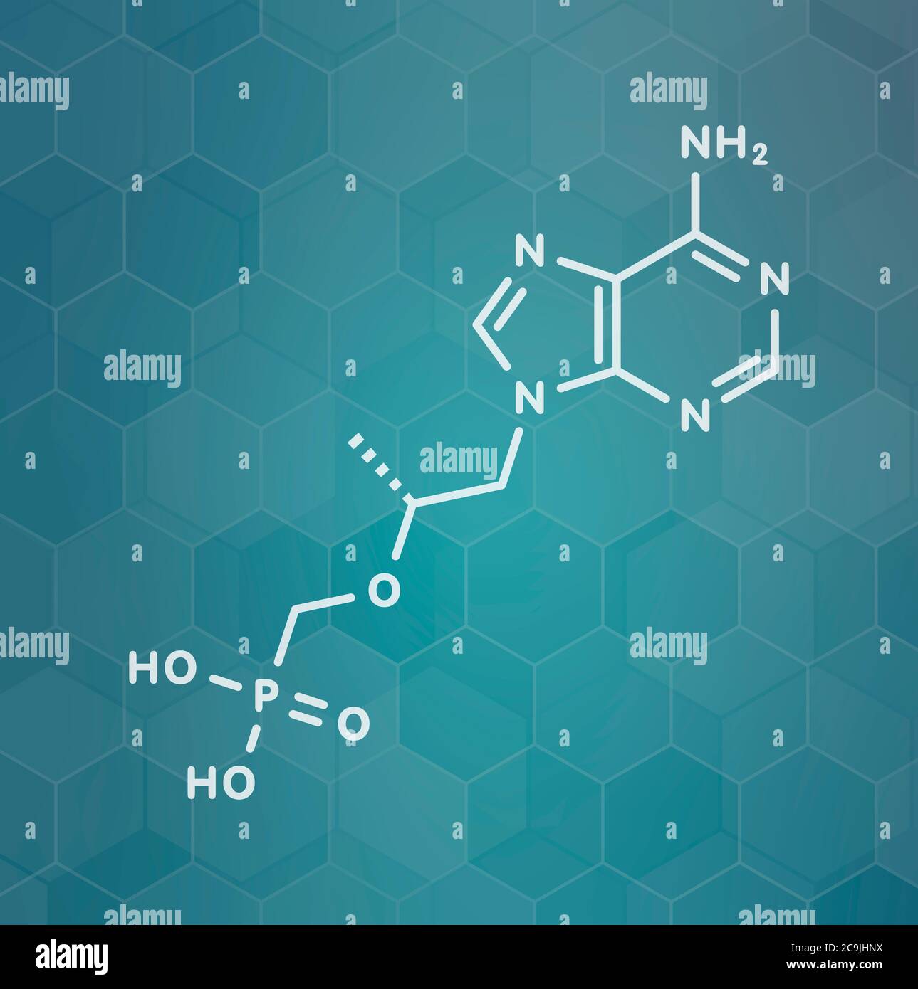 Tenofovir HIV drug molecule. White skeletal formula on dark teal ...