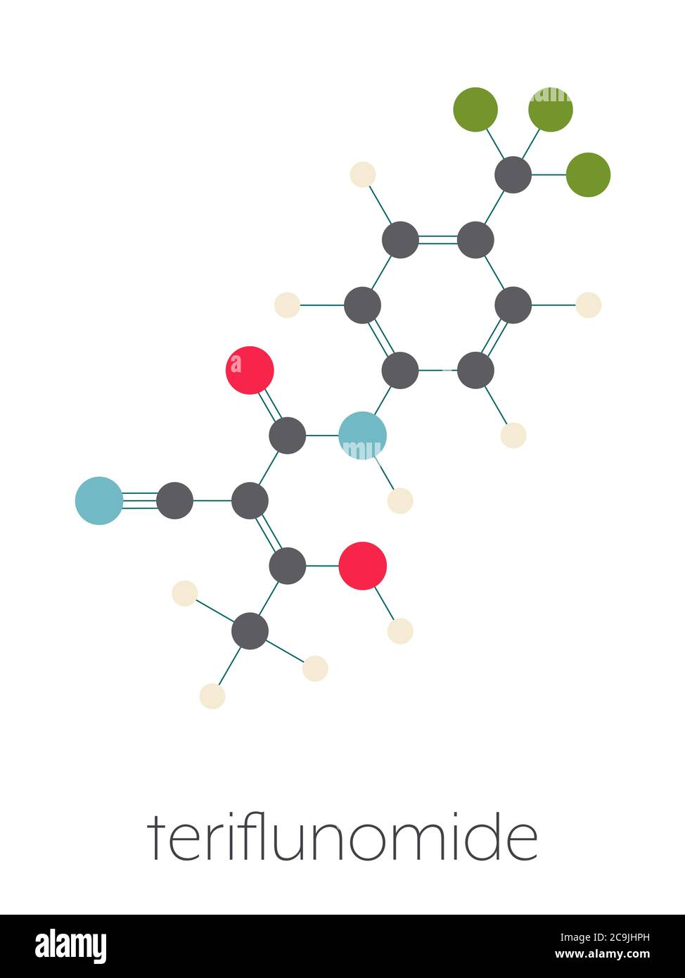 Teriflunomide multiple sclerosis (MS) drug molecule. Stylized skeletal ...