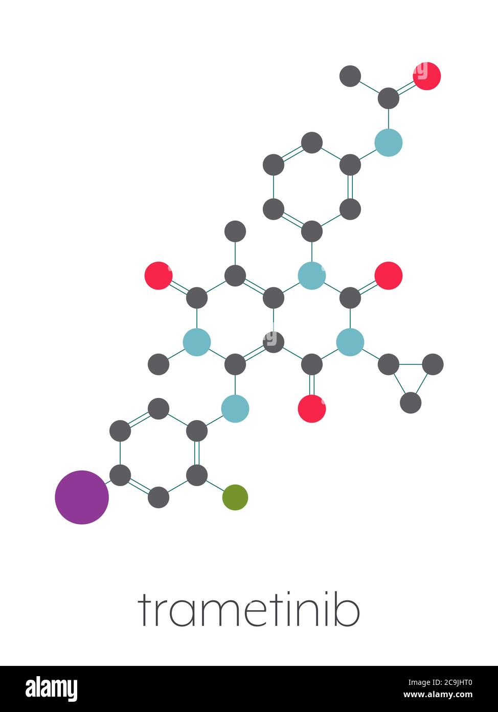 Trametinib melanoma cancer drug molecule. Stylized skeletal formula ...