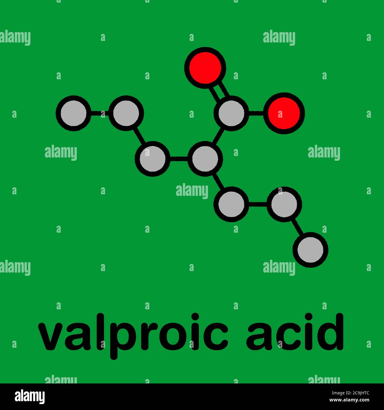 Valproic acid or valproate epilepsy (seizures) drug molecule. Stylized ...
