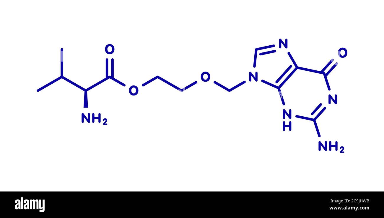 Valaciclovir (valacyclovir) herpes infection drug molecule. Blue ...