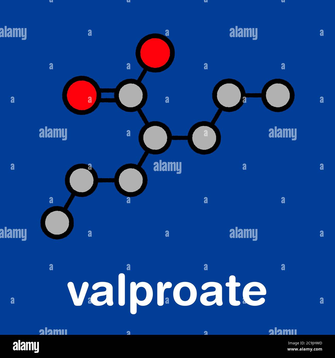 Valproic acid or valproate epilepsy (seizures) drug molecule. Stylized ...