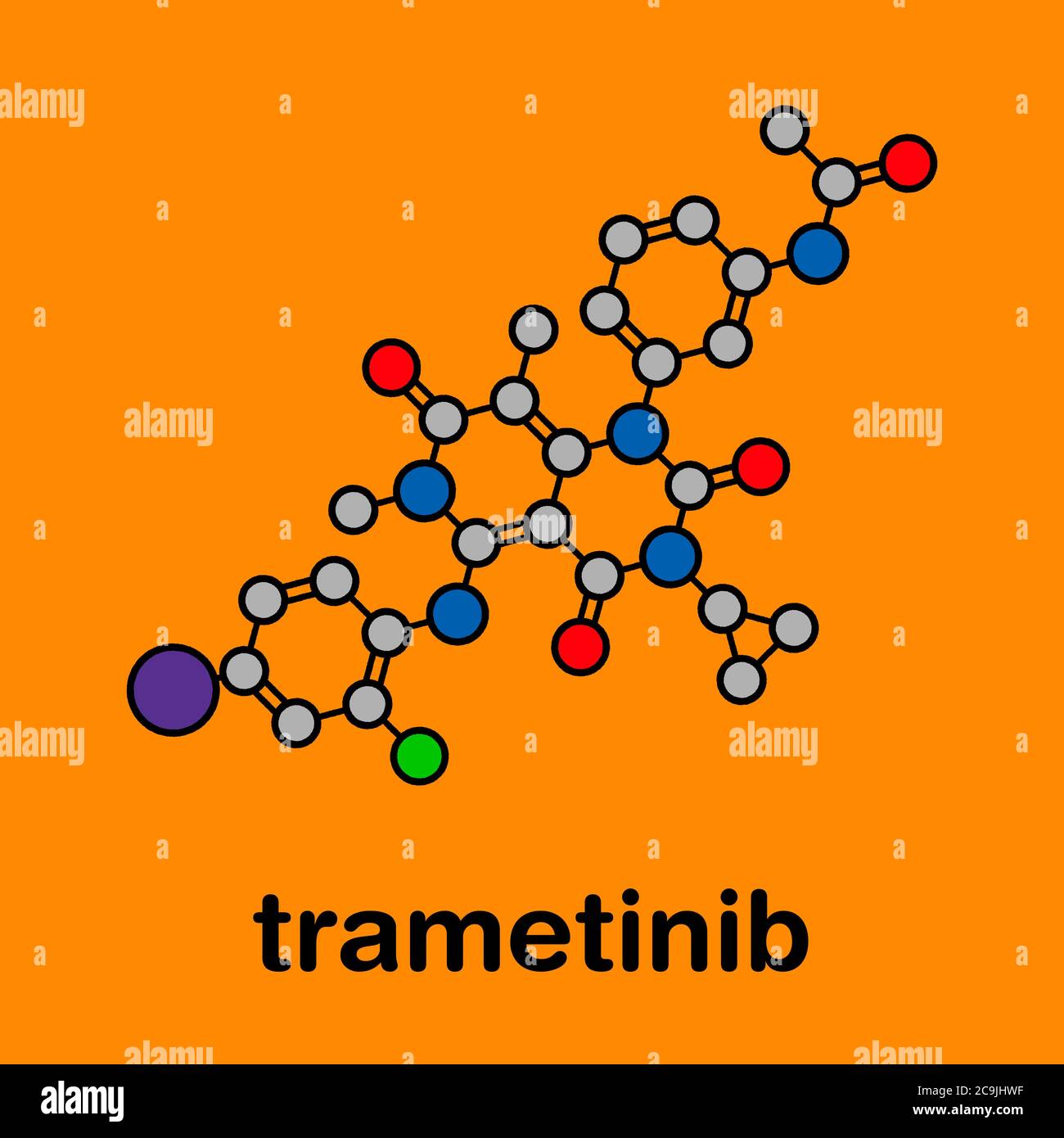 Trametinib melanoma cancer drug molecule. Stylized skeletal formula ...