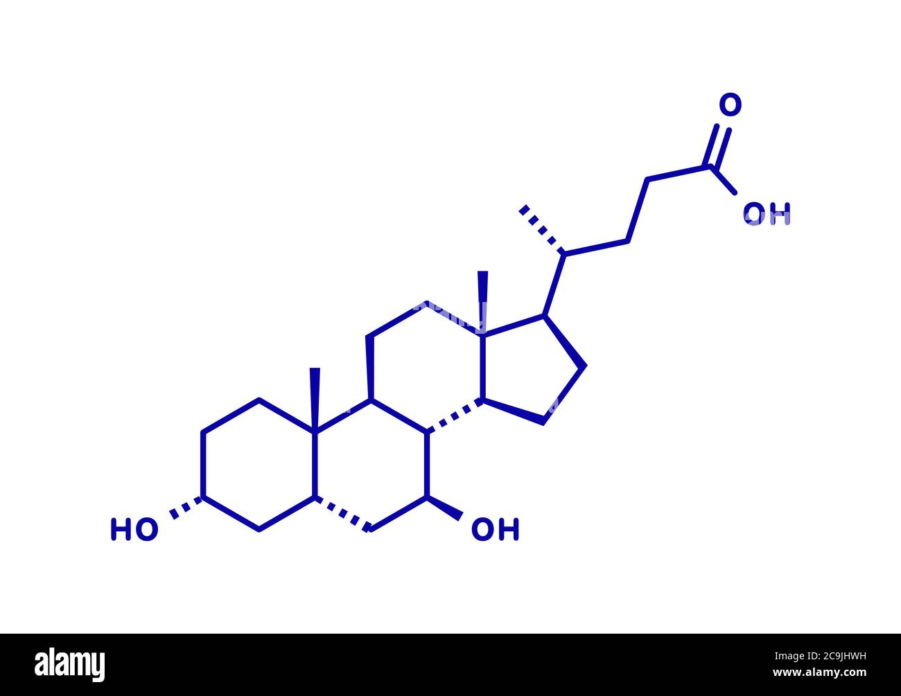 Ursodiol (ursodeoxycholic acid, UDCA) gallstone treatment drug molecule ...