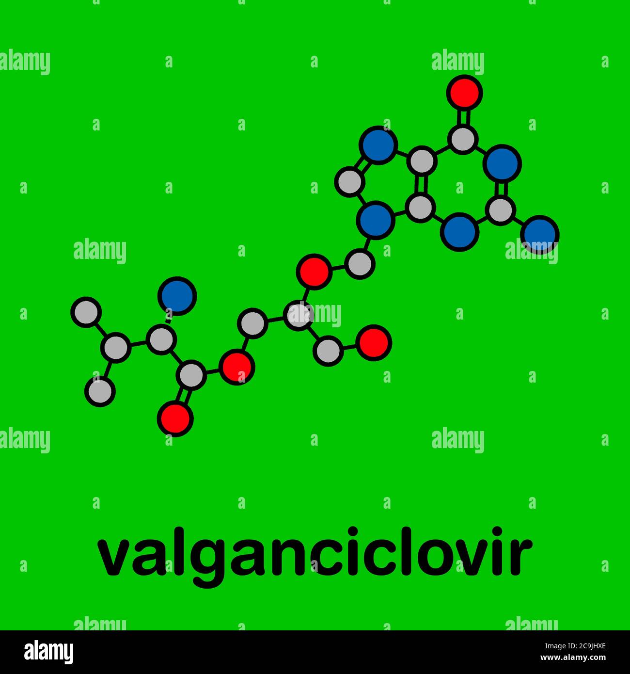 Valganciclovir cytomegalovirus (CMV, HCMV) drug molecule. Stylized ...