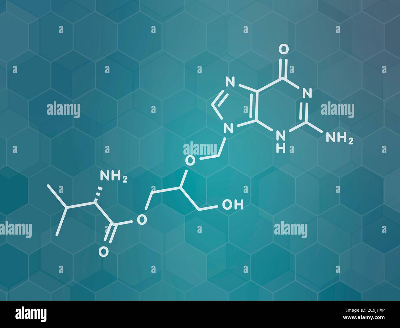 Valganciclovir cytomegalovirus (CMV, HCMV) drug molecule. White ...