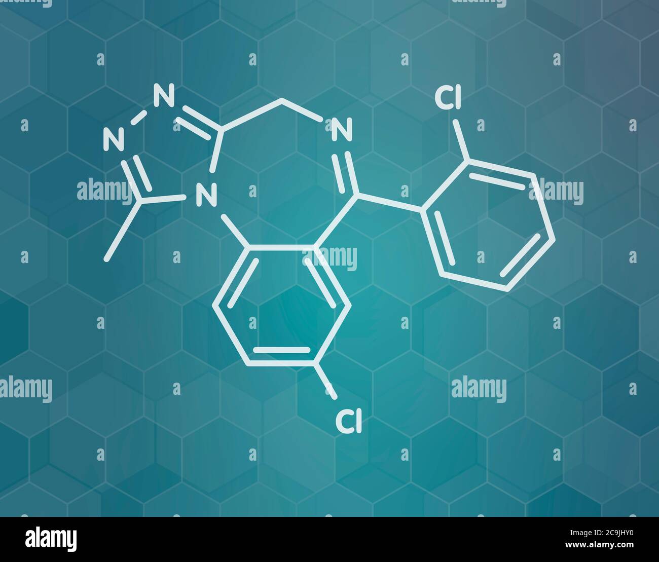 Triazolam insomnia drug (sleeping pill, benzodiazepine class) molecule ...