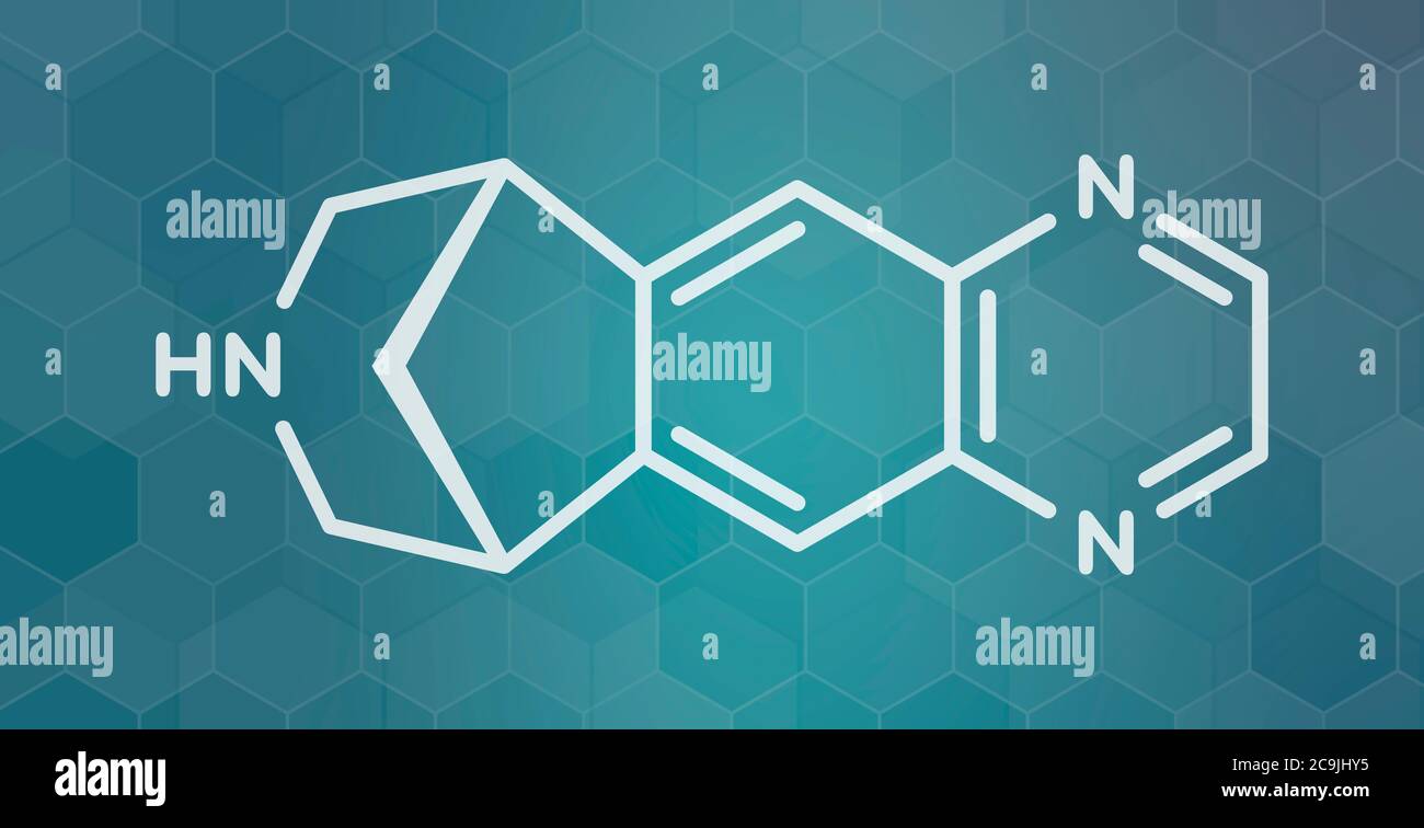Varenicline smoking cessation drug molecule. White skeletal formula on ...