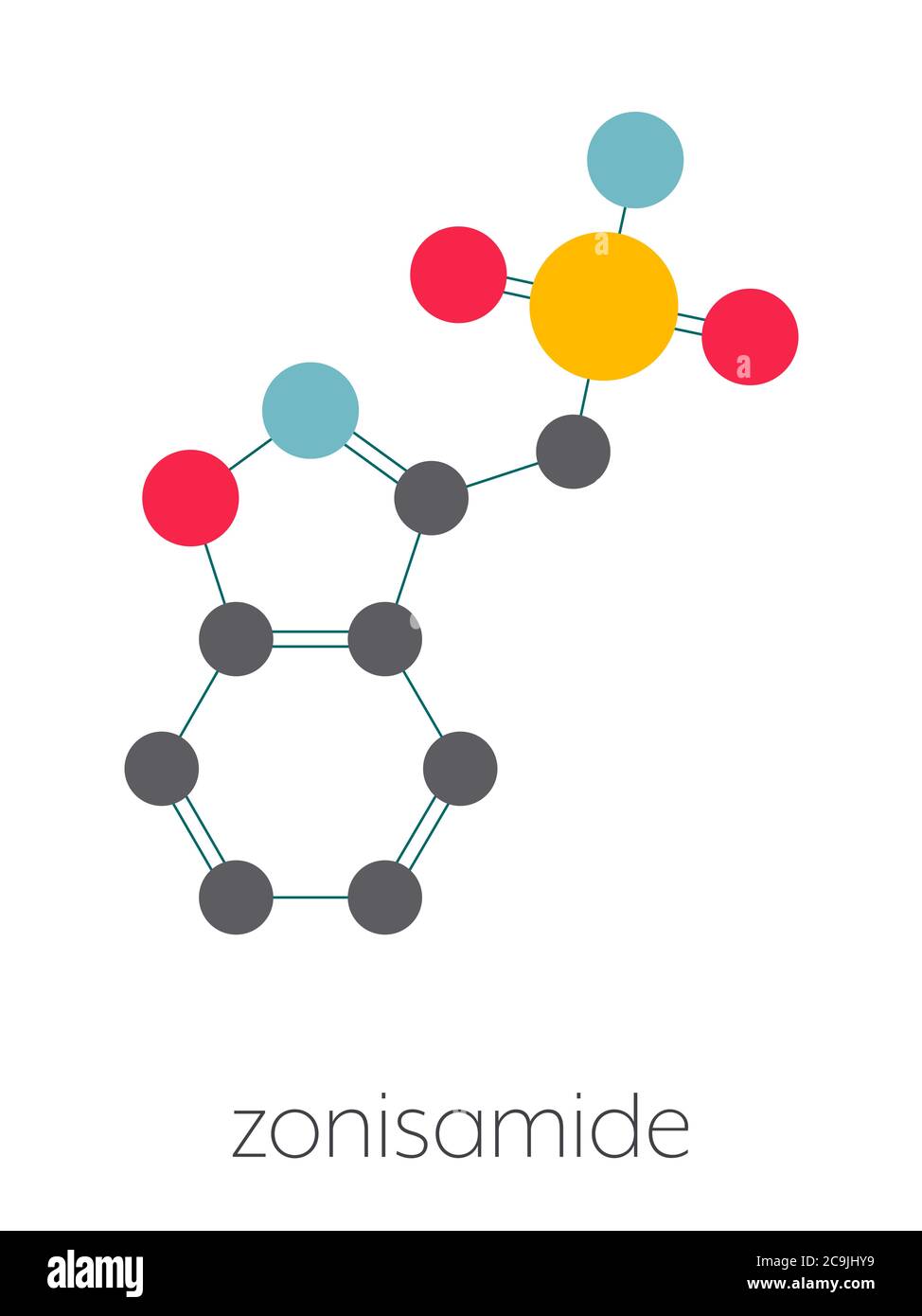 Zonisamide epilepsy drug molecule. Stylized skeletal formula (chemical ...