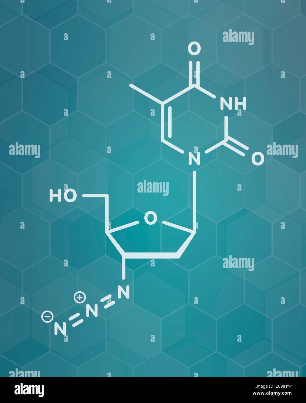 Zidovudine (azidothymidine, AZT) HIV drug molecule. White skeletal ...