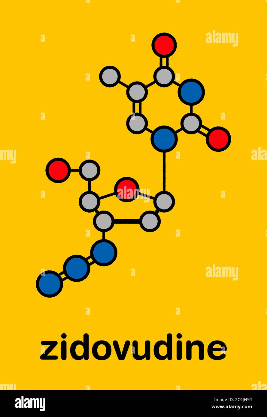 Zidovudine (azidothymidine, AZT) HIV drug molecule. Stylized skeletal ...