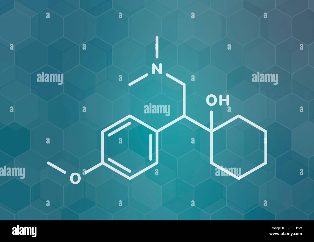 Venlafaxine antidepressant drug (SNRI class) molecule. White skeletal ...