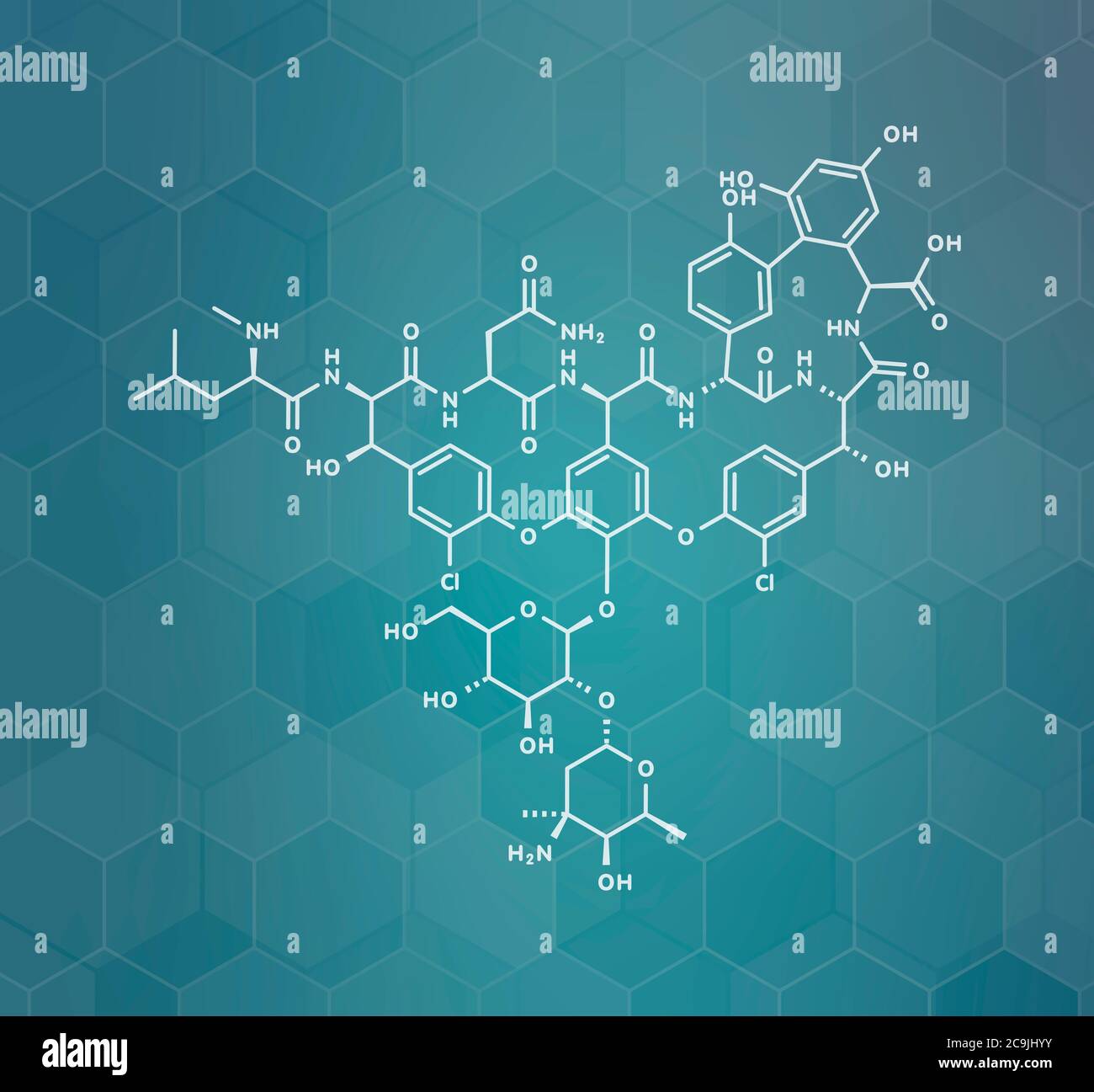 Vancomycin antibiotic drug (glycopeptide class) molecule. White ...