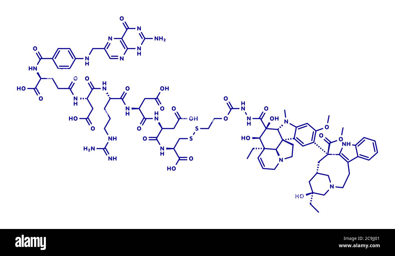 Vintafolide cancer drug molecule. Blue skeletal formula on white ...