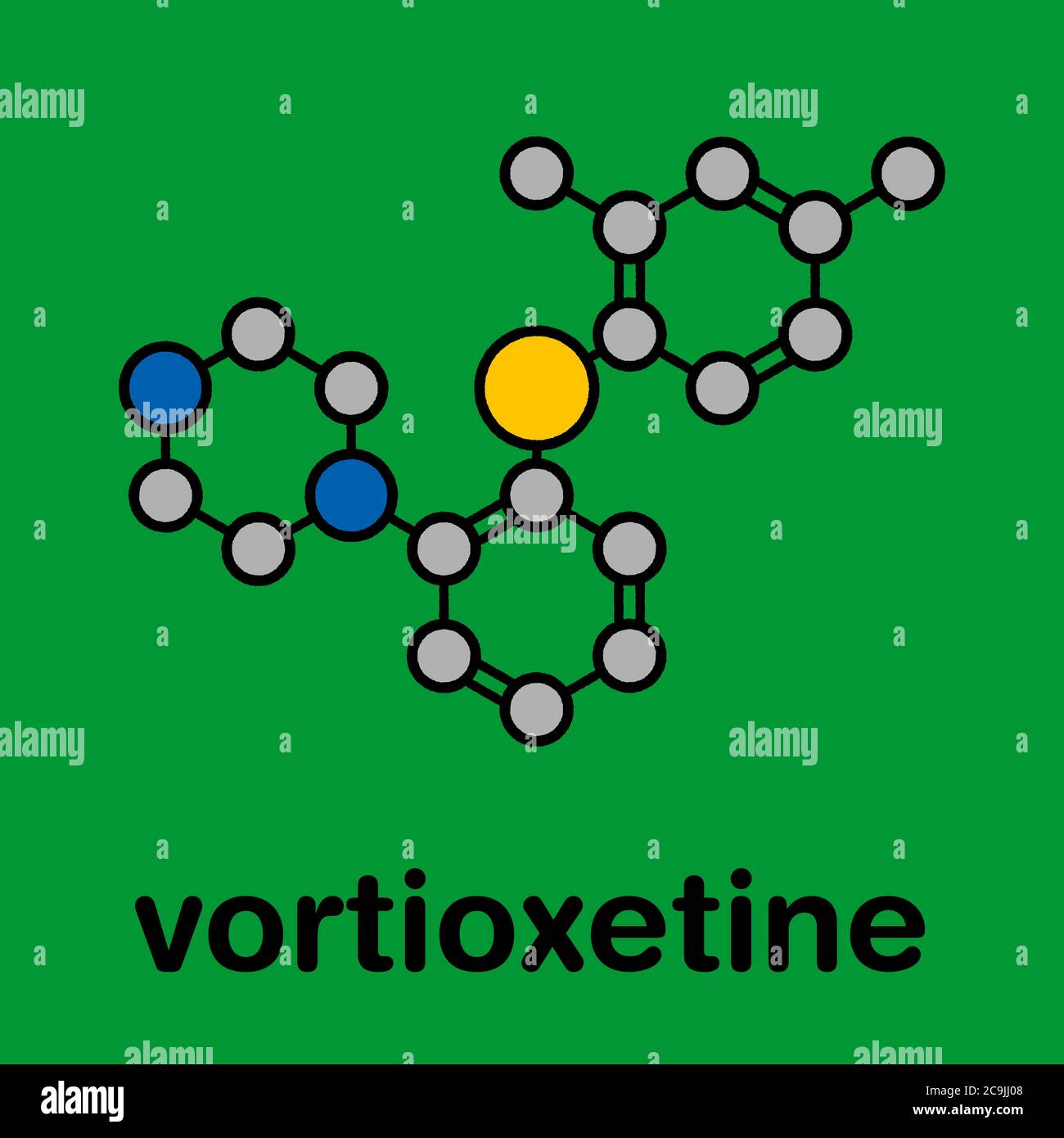 Vortioxetine antidepressant drug molecule. Stylized skeletal formula ...
