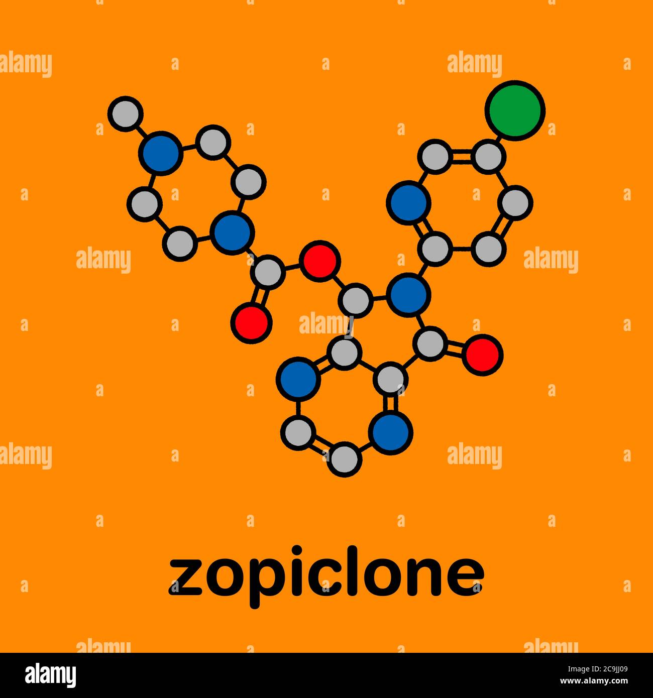 Zopiclone insomnia drug (sleeping pill, z-drug) molecule. Stylized ...