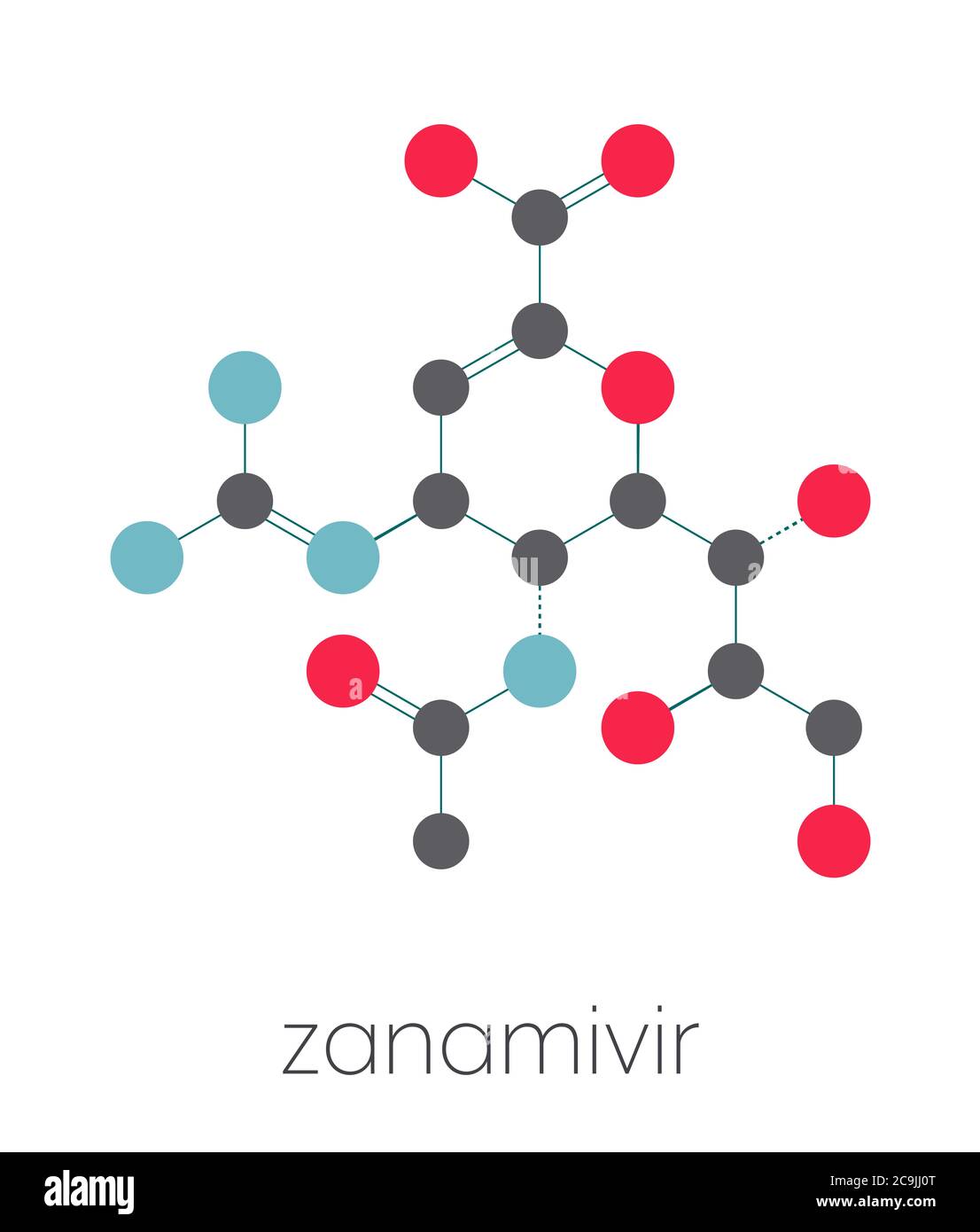 Zanamivir influenza virus treatment drug molecule. Stylized skeletal ...