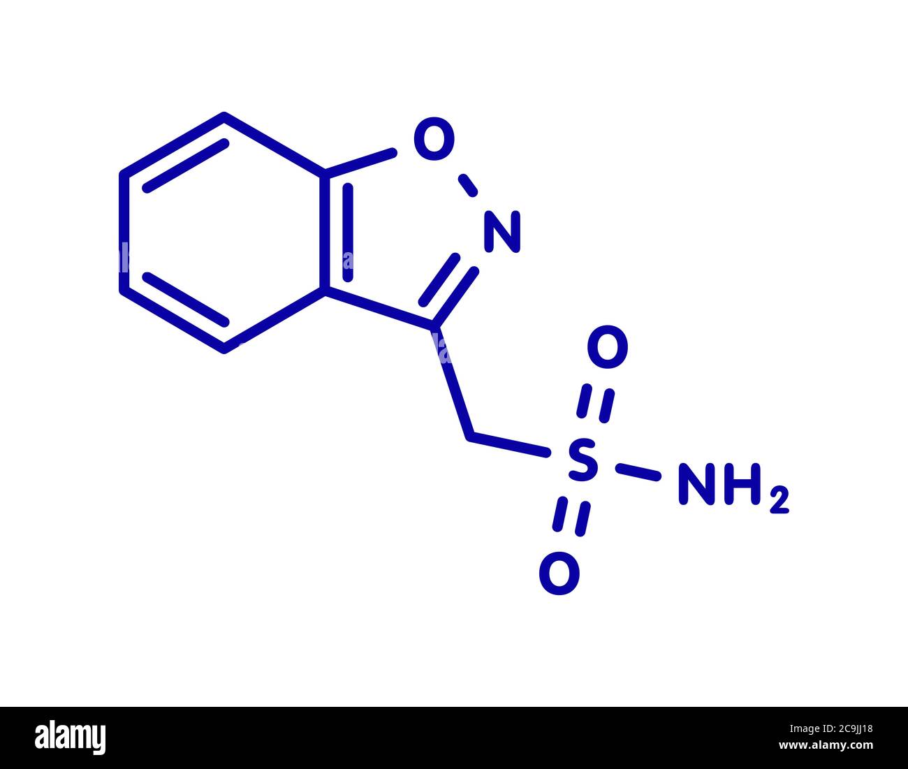Zonisamide epilepsy drug molecule. Blue skeletal formula on white ...