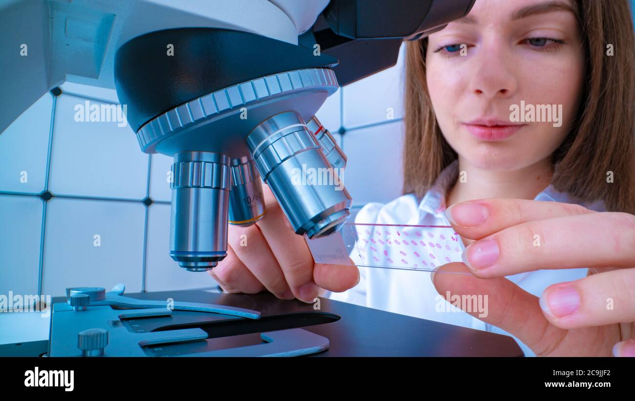 Researcher using microscope Stock Photo - Alamy