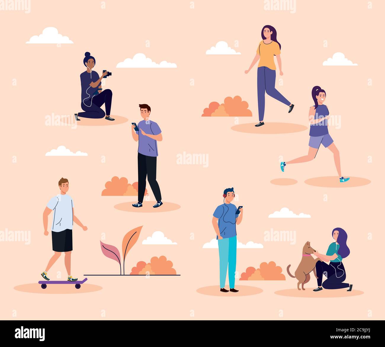 set scenes, young people performing leisure outdoor activities Stock ...