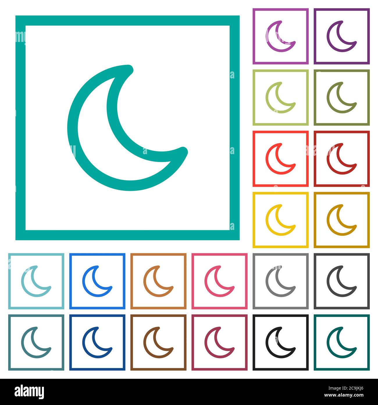 Moon shape flat color icons with quadrant frames on white background ...