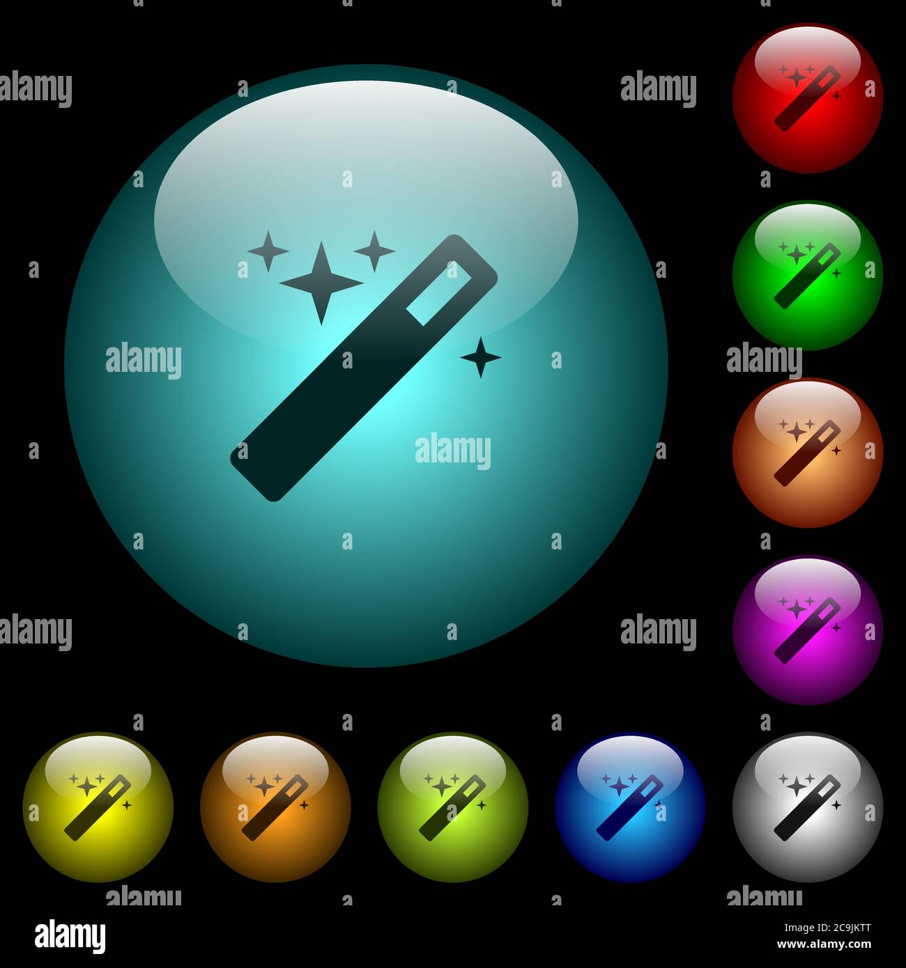 Magic wand icons in color illuminated spherical glass buttons on black ...