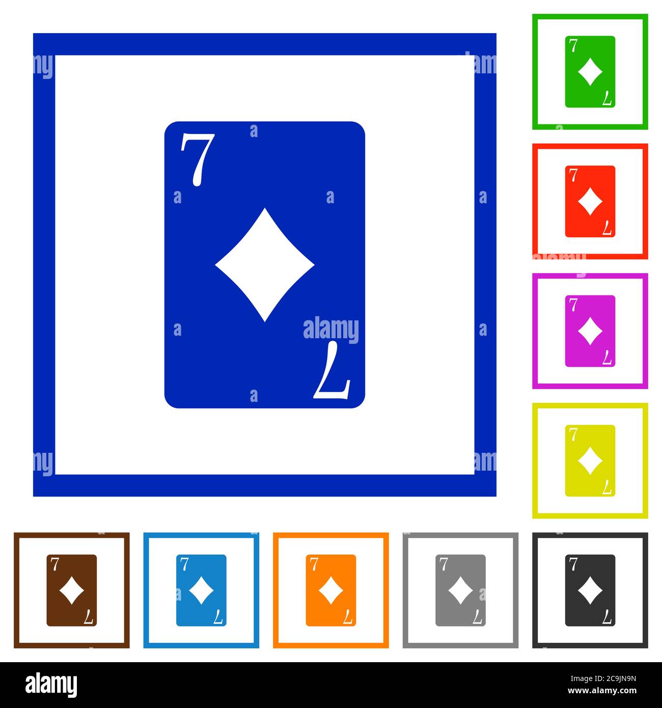 Seven of diamonds card flat color icons in square frames on white ...