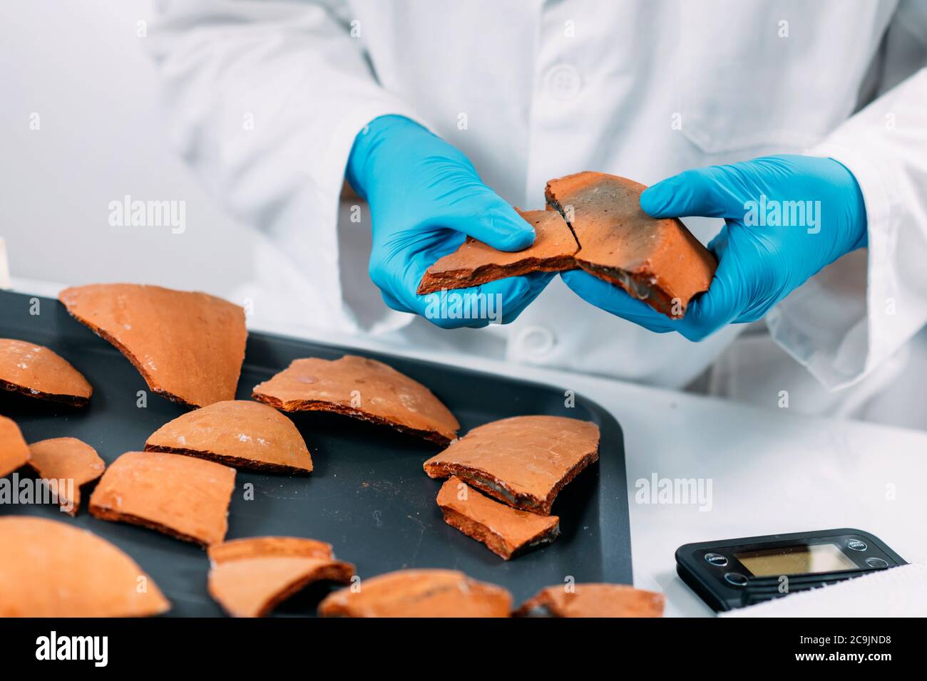 Archaeologists reconstructing broken pottery in laboratory Stock Photo ...