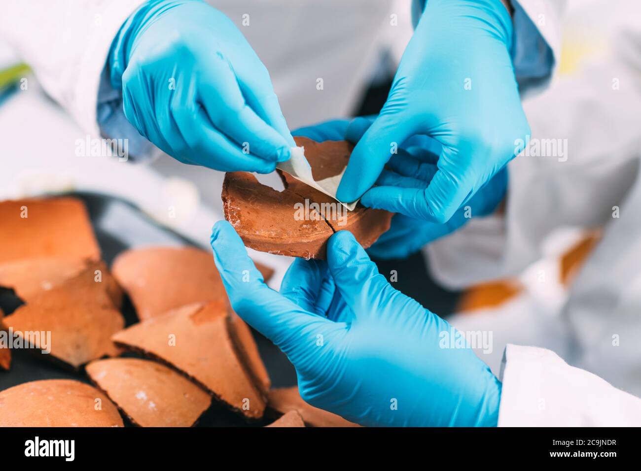 Archaeologists reconstructing broken pottery in laboratory Stock Photo ...